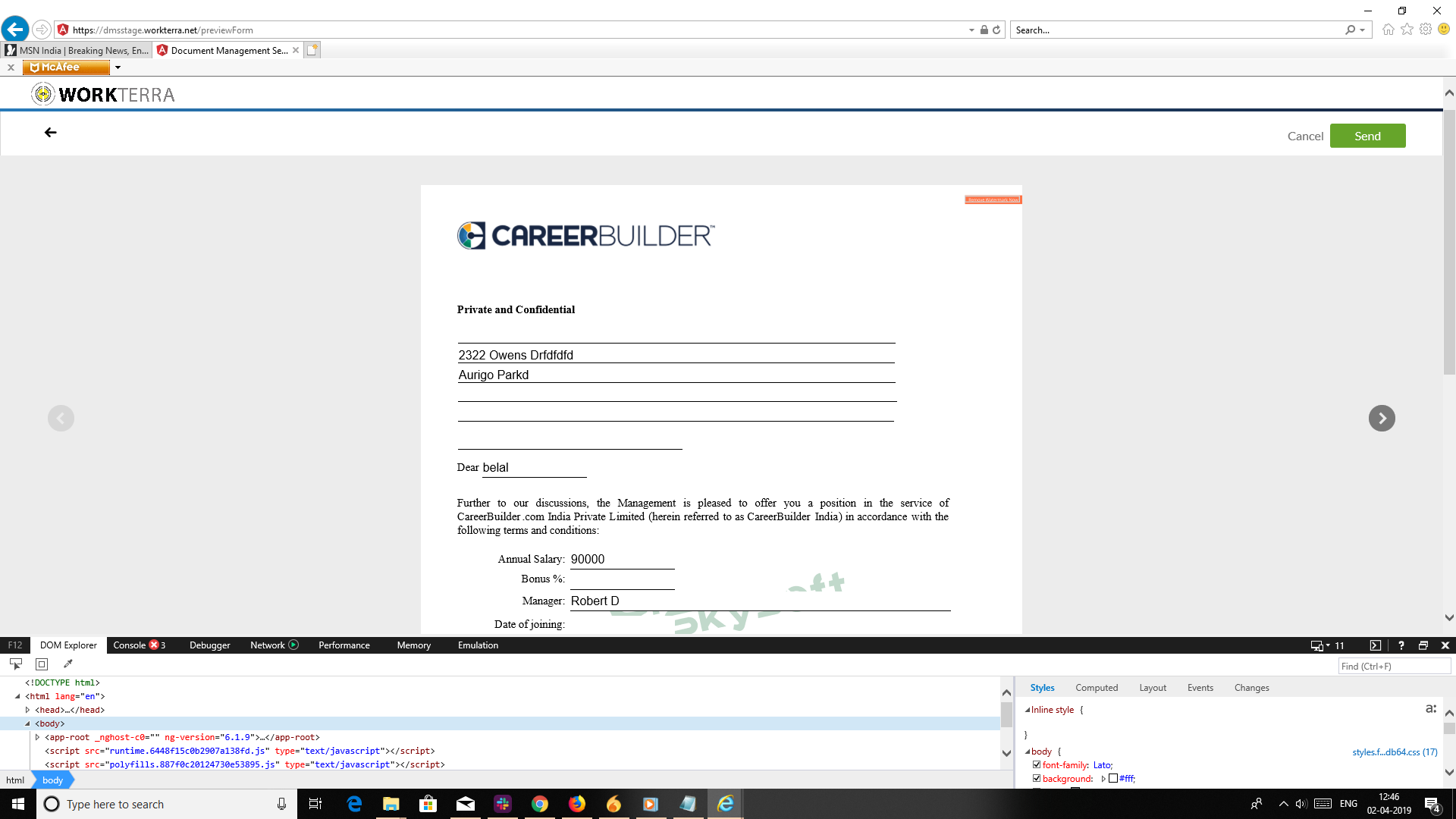 Dms 453 Create Document Template Fields Are Not Populating In Ie
